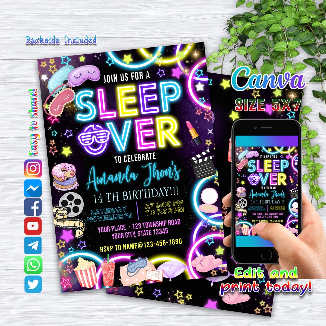 Sleepover Birthday Invitation, Slumber Party, Pajama Party, Retro Neon ...