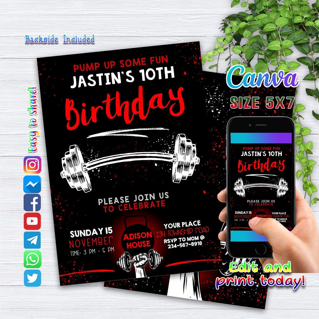 Fitness Birthday Invitation, Workout Party, Weights Gym Party, Editable ...