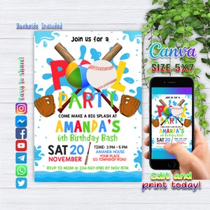 Editable Baseball Pool Birthday Party Invitation, Sports Birthday ...