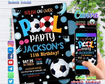 Editable Soccer Pool Party Invitation, Sports Summer Pool Party, Sports ...