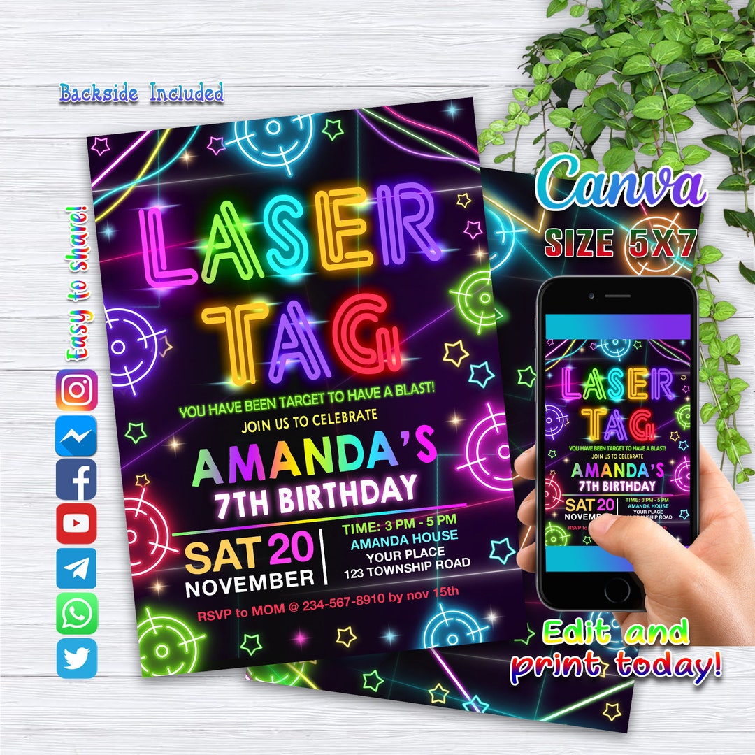 Neon Laser Tag Birthday Invite, Laser Tag Invitation, Glow Laser Tag ...