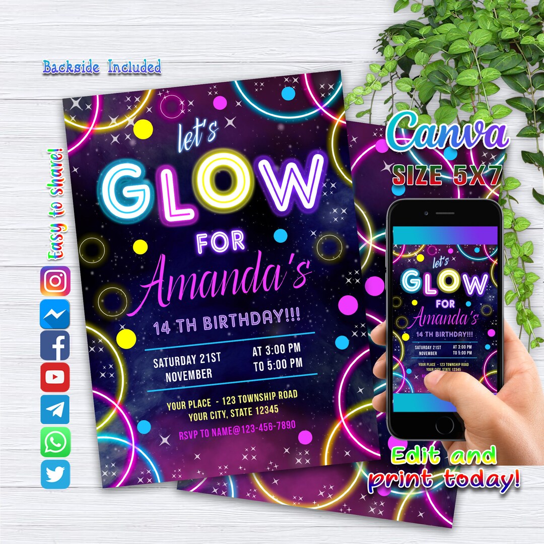 EDITABLE Glow Invitation, Neon Glow Birthday Invitation, Glow Birthday ...