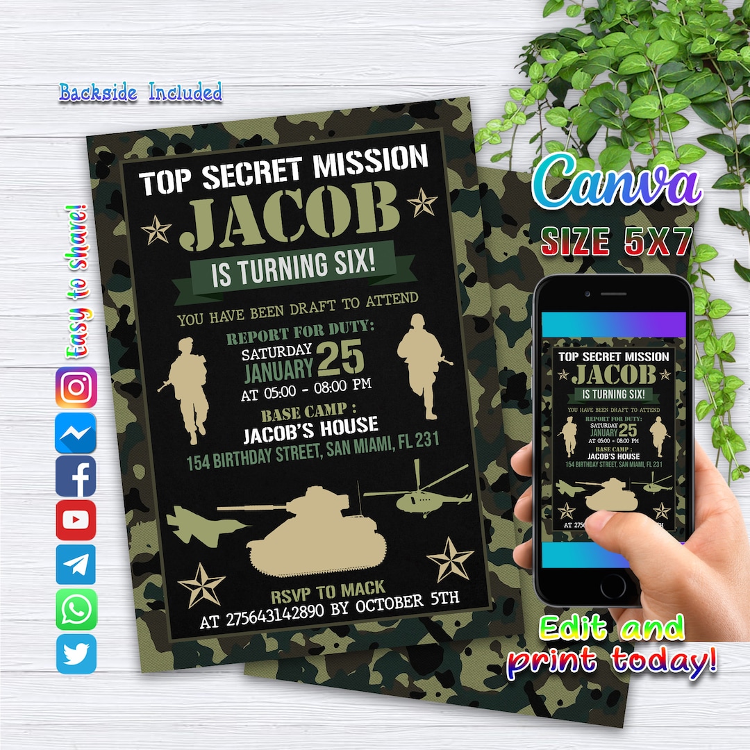 EDITABLE Army Invitation, Soldier Birthday Invitation, 5x7 Editable ...