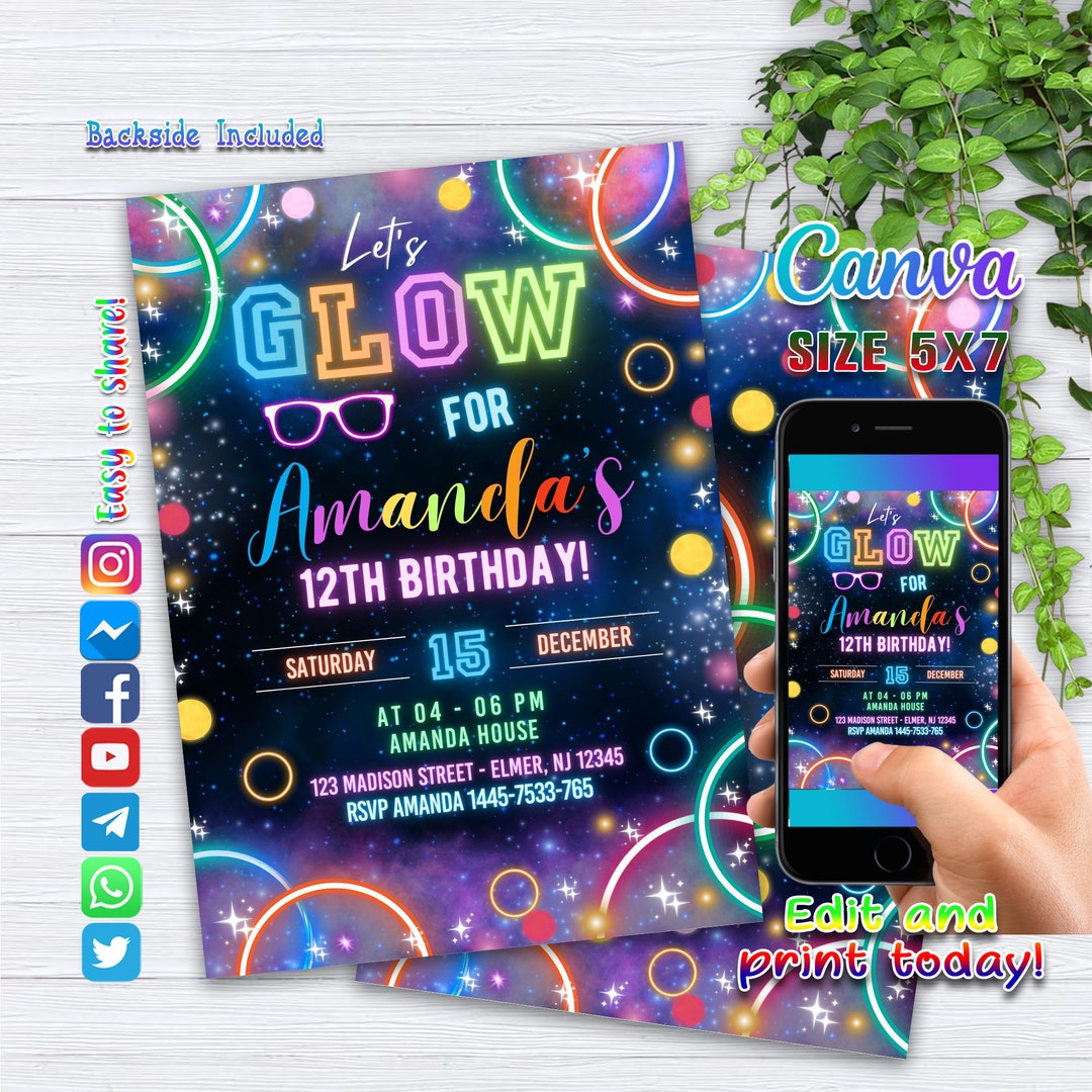 EDITABLE Glow Invitation, Neon Glow Birthday Invitation, Glow Birthday ...