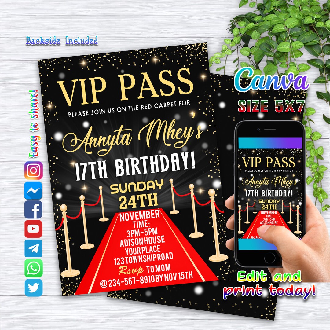 Editable Red Carpet Birthday Invitation, Red Carpet Event Hollywood ...