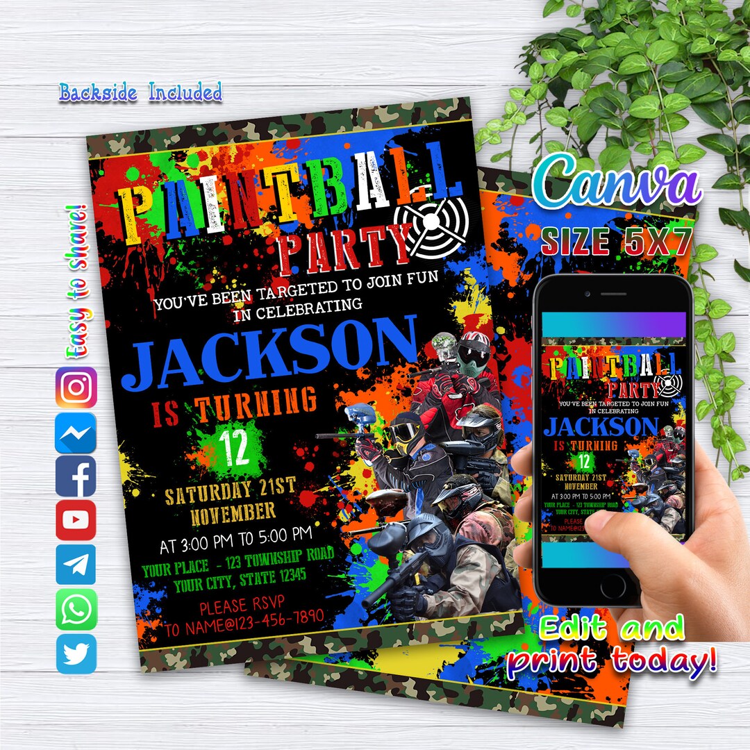 Paintball Invitation Paintball Battle Editable Birthday - Etsy Australia