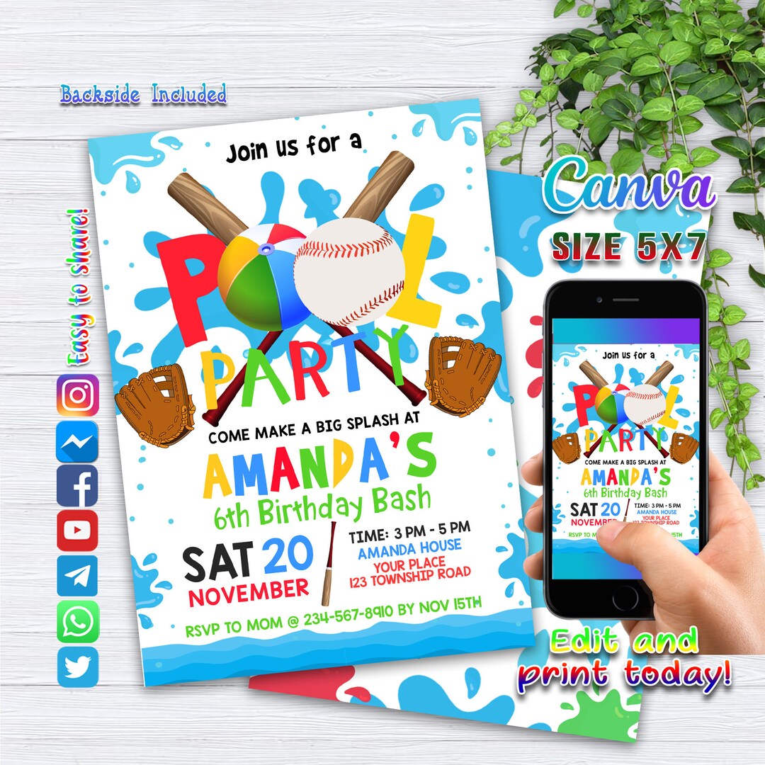 Editable Baseball Pool Birthday Party Invitation, Sports Birthday ...