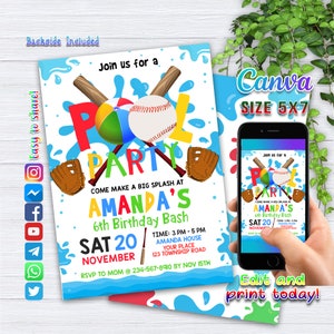 Editable Baseball Pool Birthday Party Invitation, Sports Birthday ...