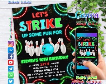 Bowling Party Invitation, Editable Bowling Birthday Invitation, Kids ...