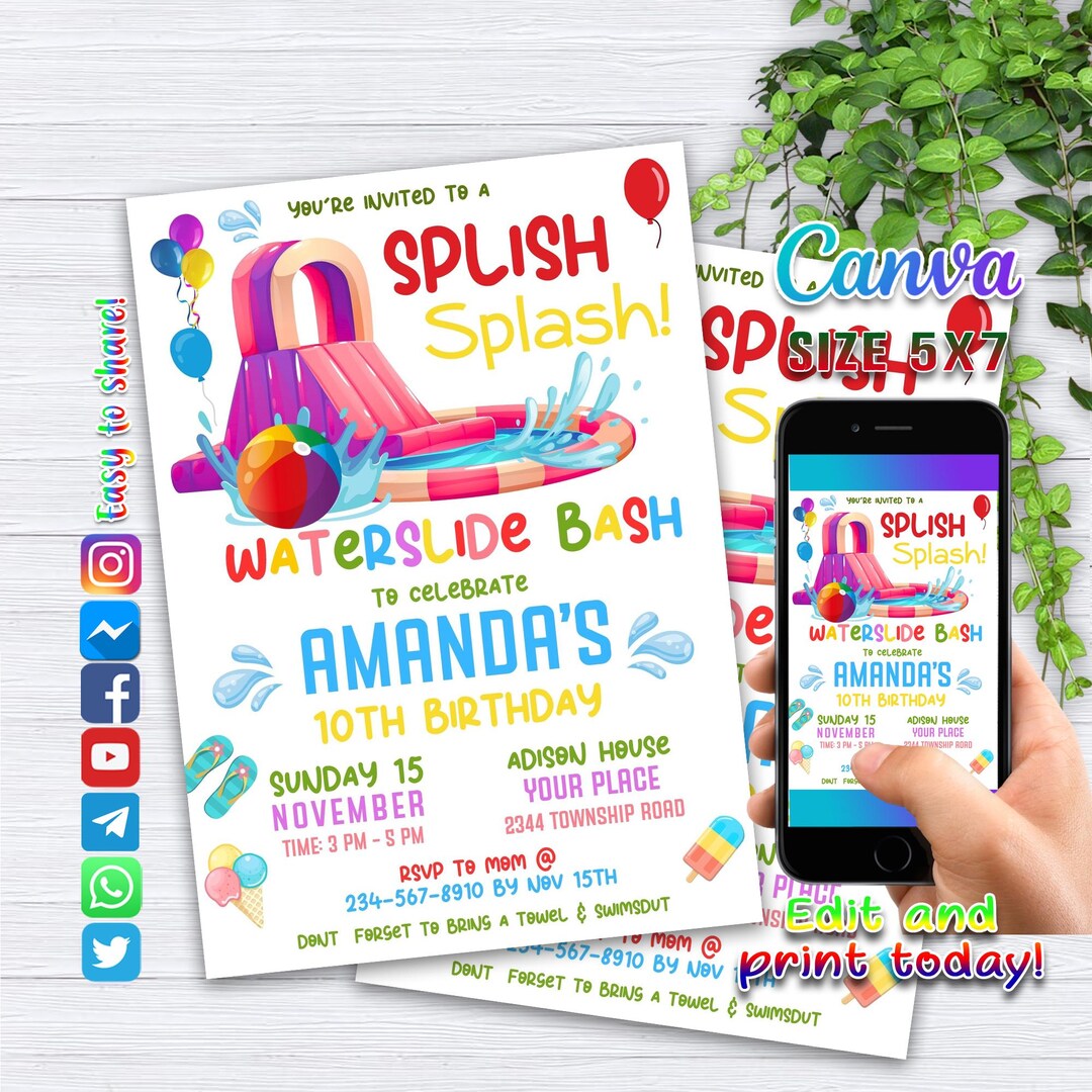 Editable Water Slide Invitation, Water Slide Party Invite, Instant ...