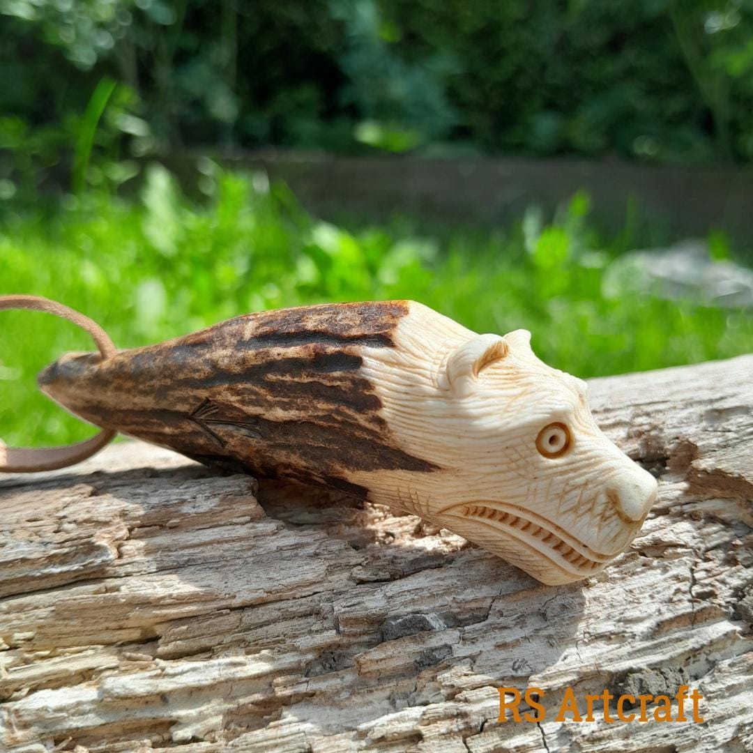 Viking Bear Head Amulet. Handcarved Moose Antler Pendant With Tiwaz ...