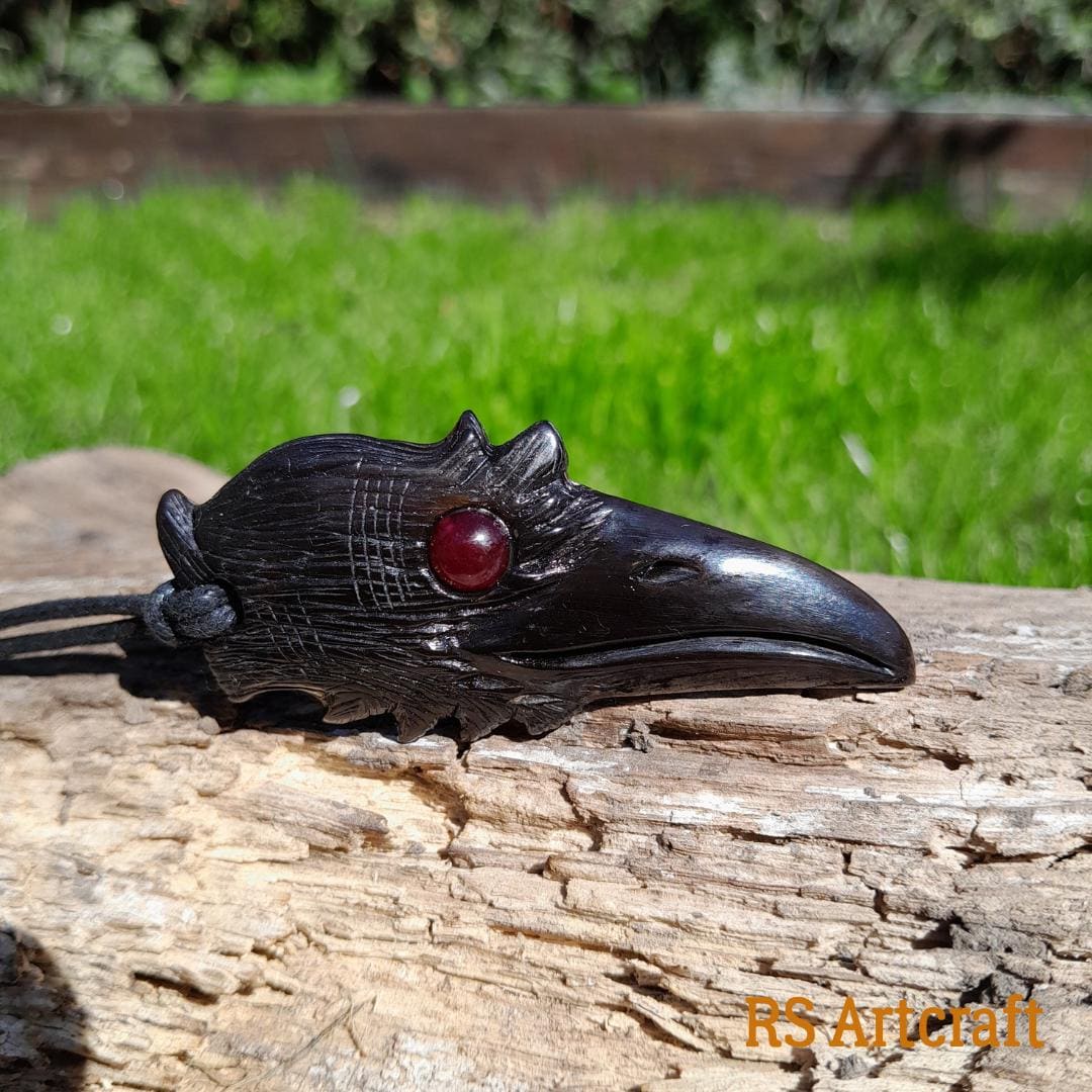 Hand-carved Buffalo Horn Raven Amulet: Viking Odin Pendant With Red ...