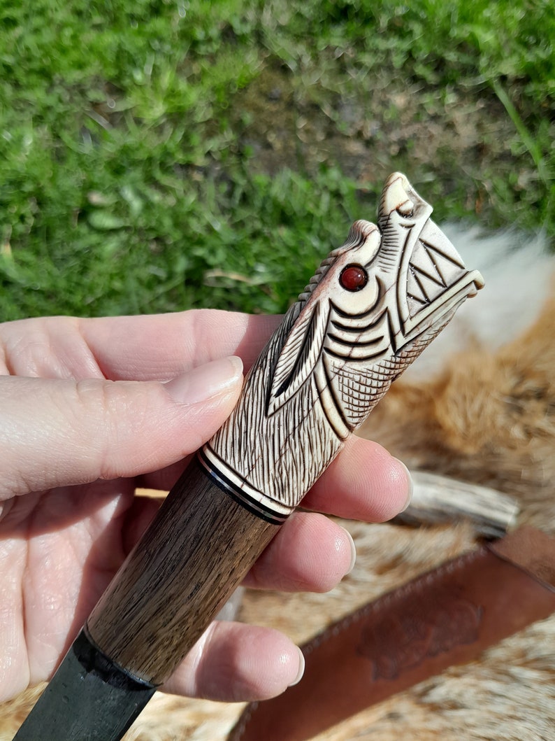 Handmade Vikings Rune Knife "wolf" With Leather Sheath. Antler and Wood ...