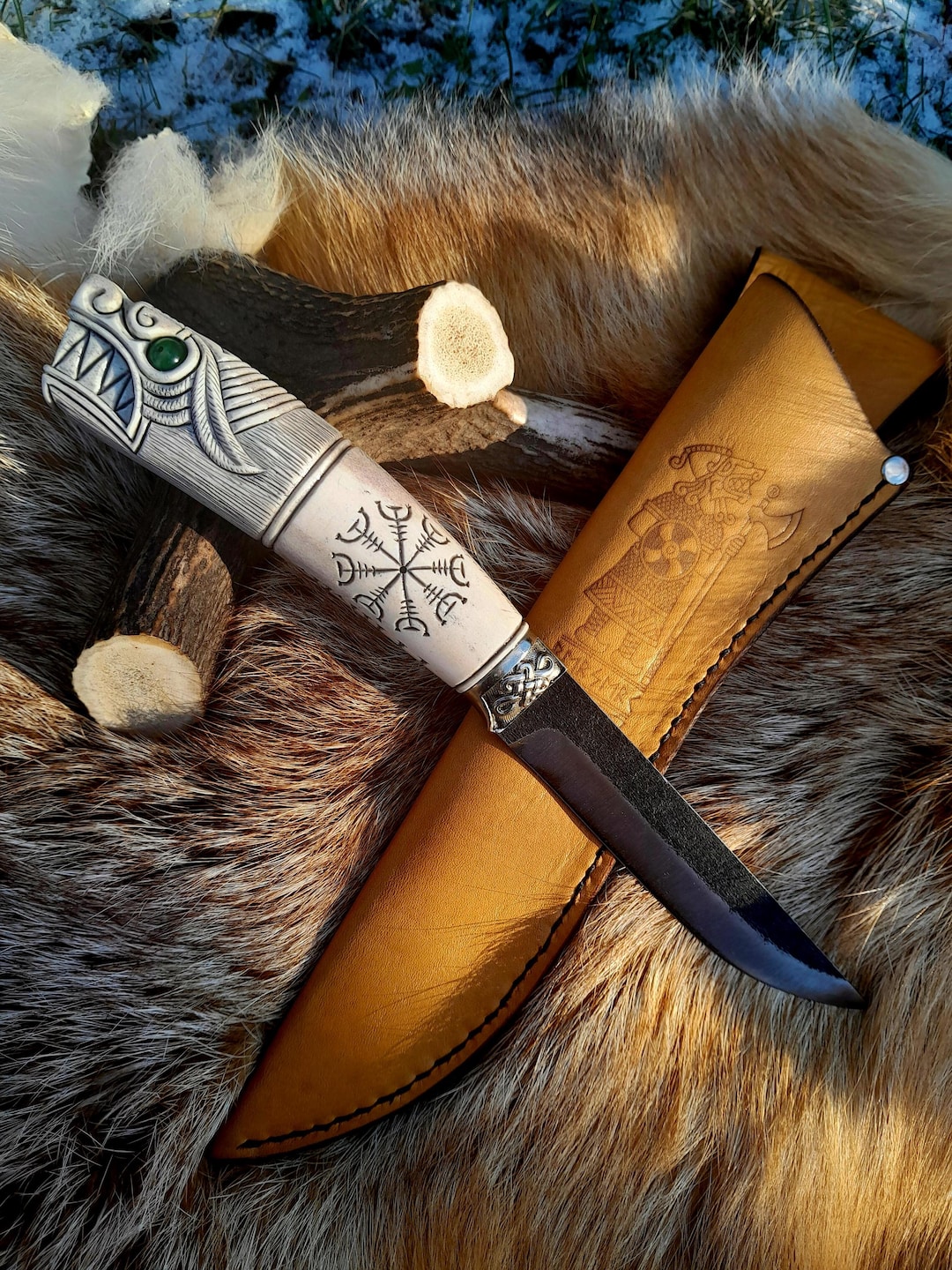 Handcrafted Viking Wolf Head Knife With Hand-carved Handle and Carbon ...