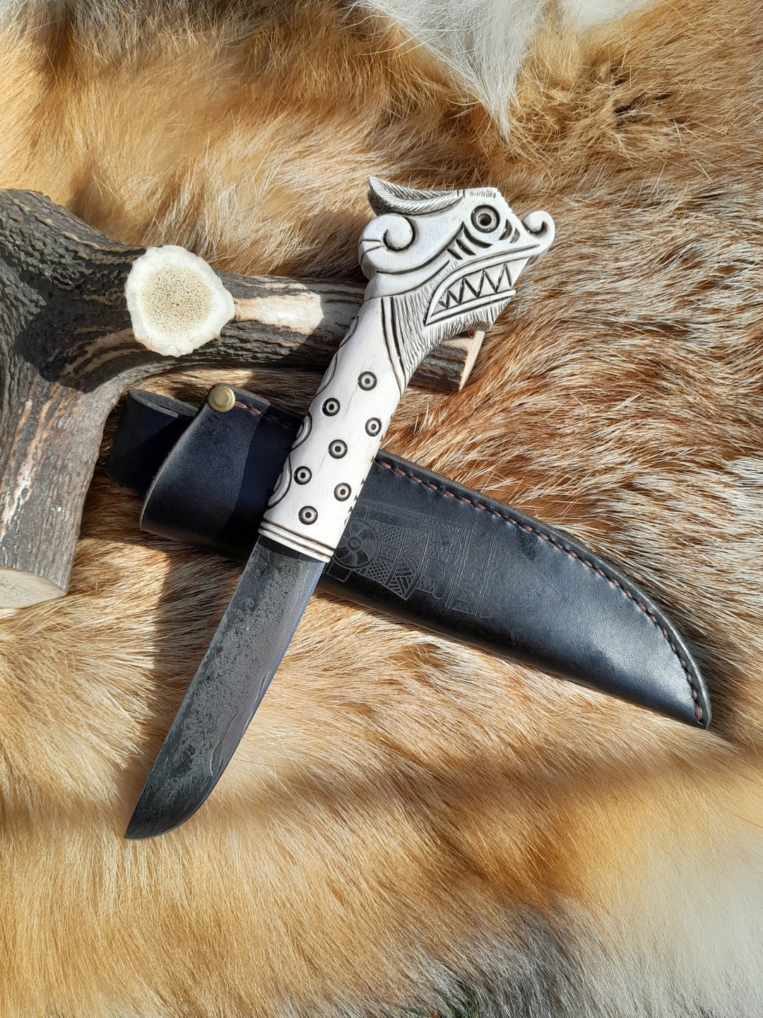 Handmade Vikings Knife "fenrir" With Leather Sheath. Antler Hand-carved ...