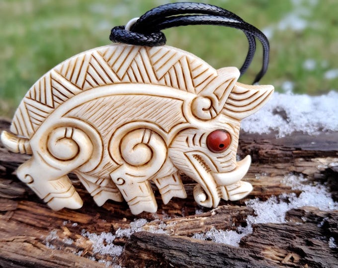 Celtic Boar Amulet With Red Eye. Gullinbursti Antler Hand-carved ...