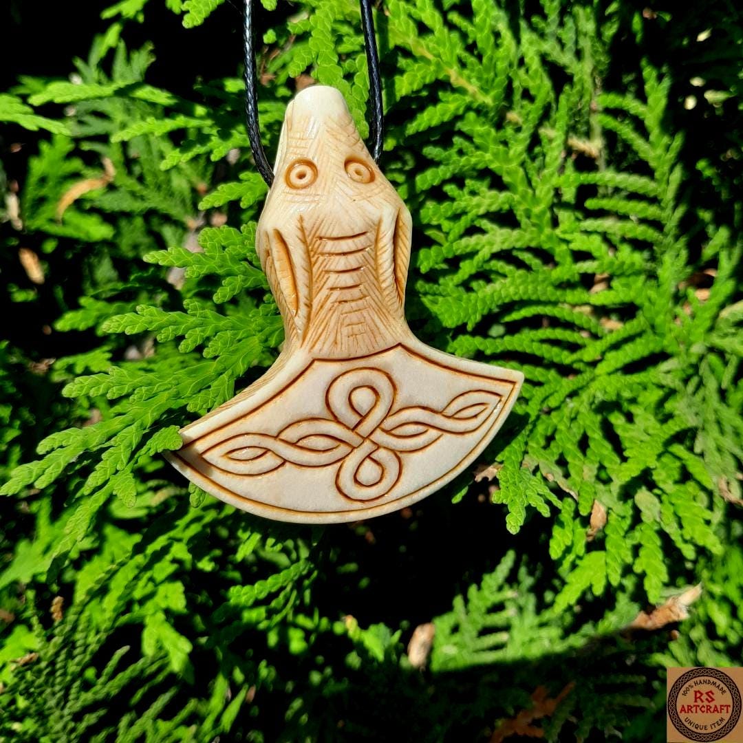 Hand-carved Moose Antler Thor's Hammer Amulet: Viking Wolf Head Pendant ...