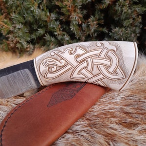 Unique Viking Style Knife With Leather Sheath and Hand-carved Handle ...