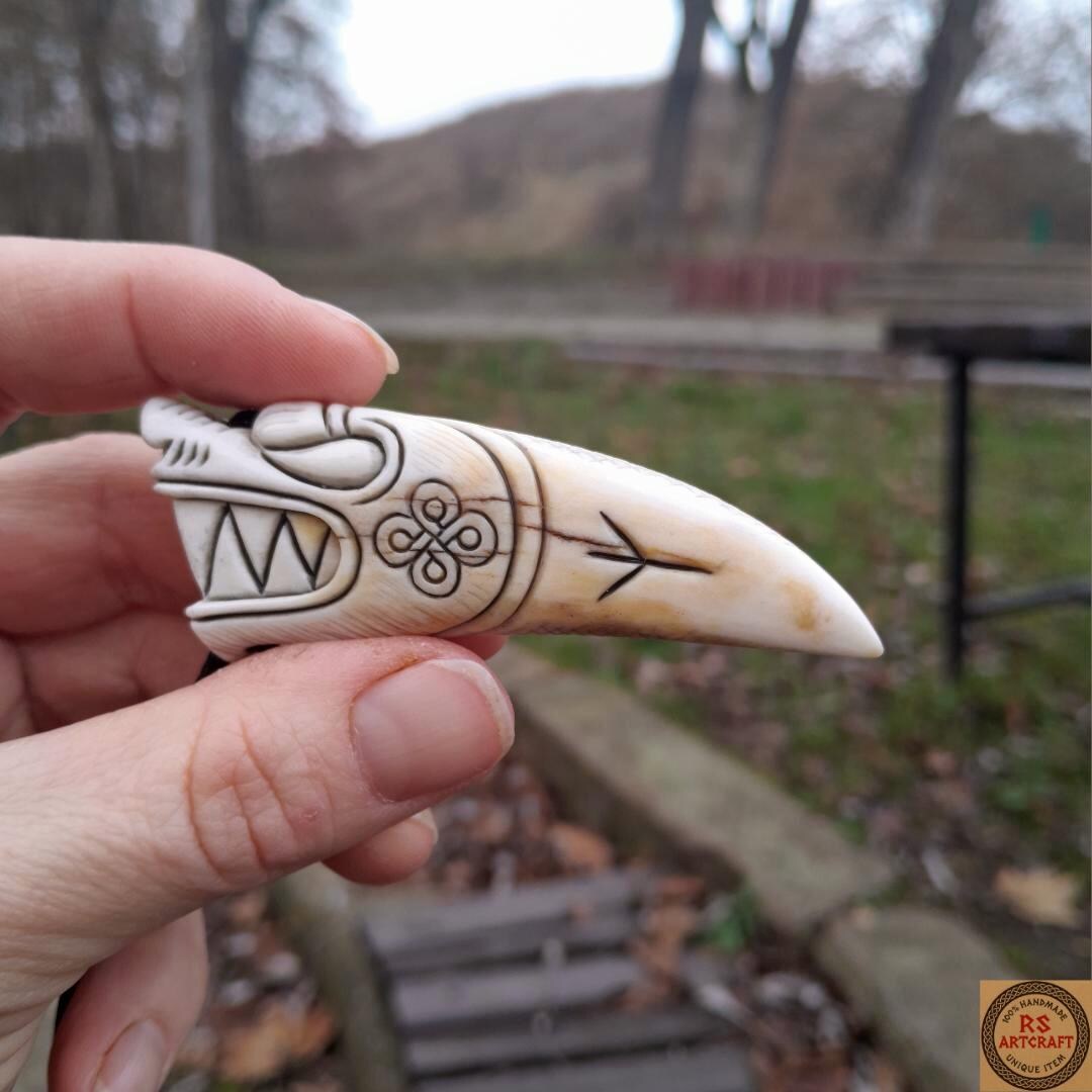 Dragon Head Moose Antler Amulet – Hand-carved Viking Pendant With Algiz ...