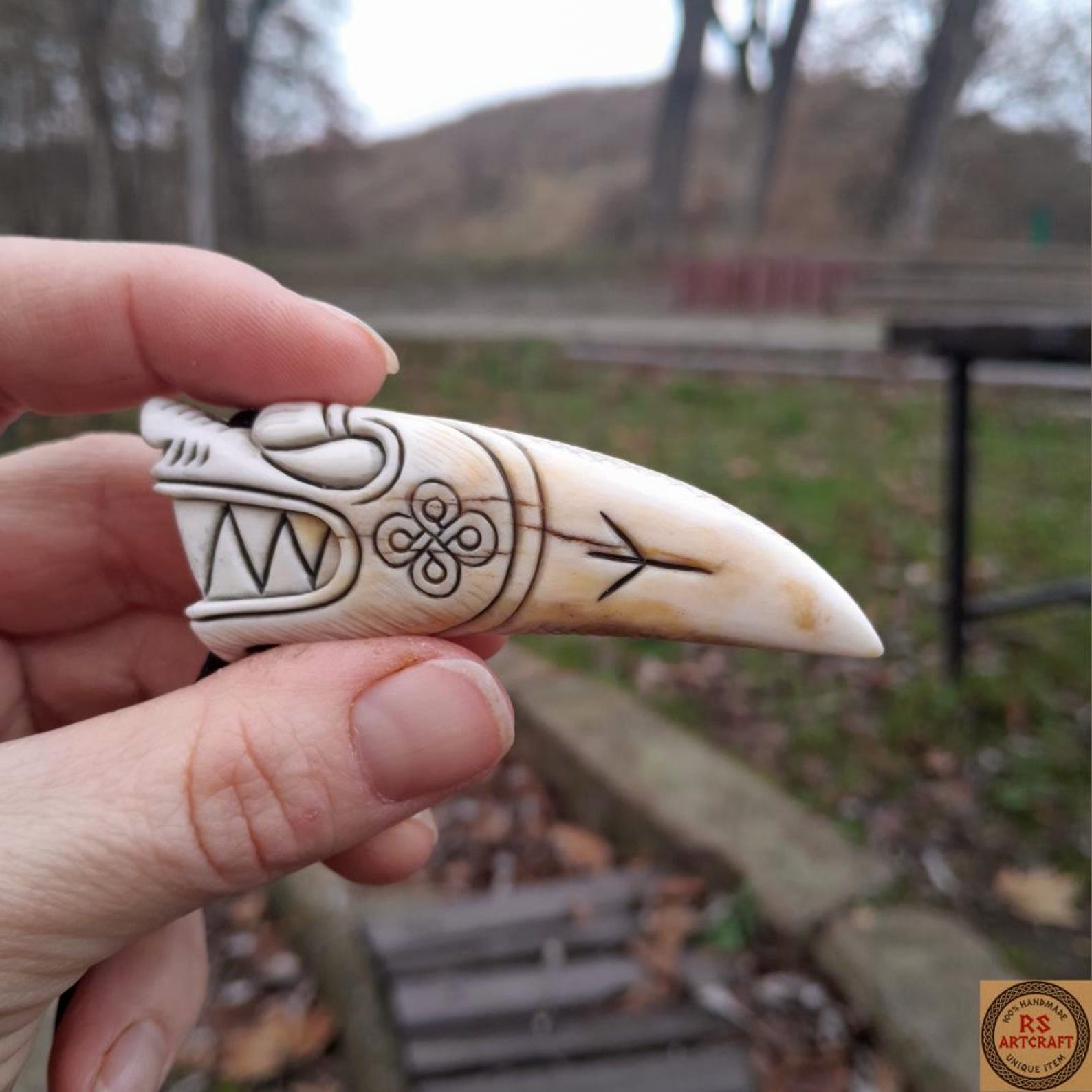Dragon Head Moose Antler Amulet – Hand-carved Viking Pendant With Algiz ...