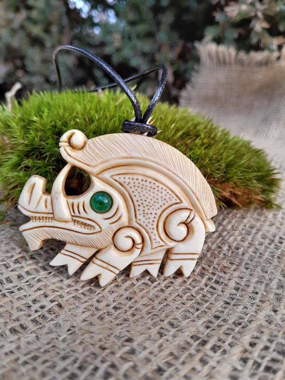 Celtic Boar Amulet With a Green Eye. Gullinbursti Antler Hand-carved ...