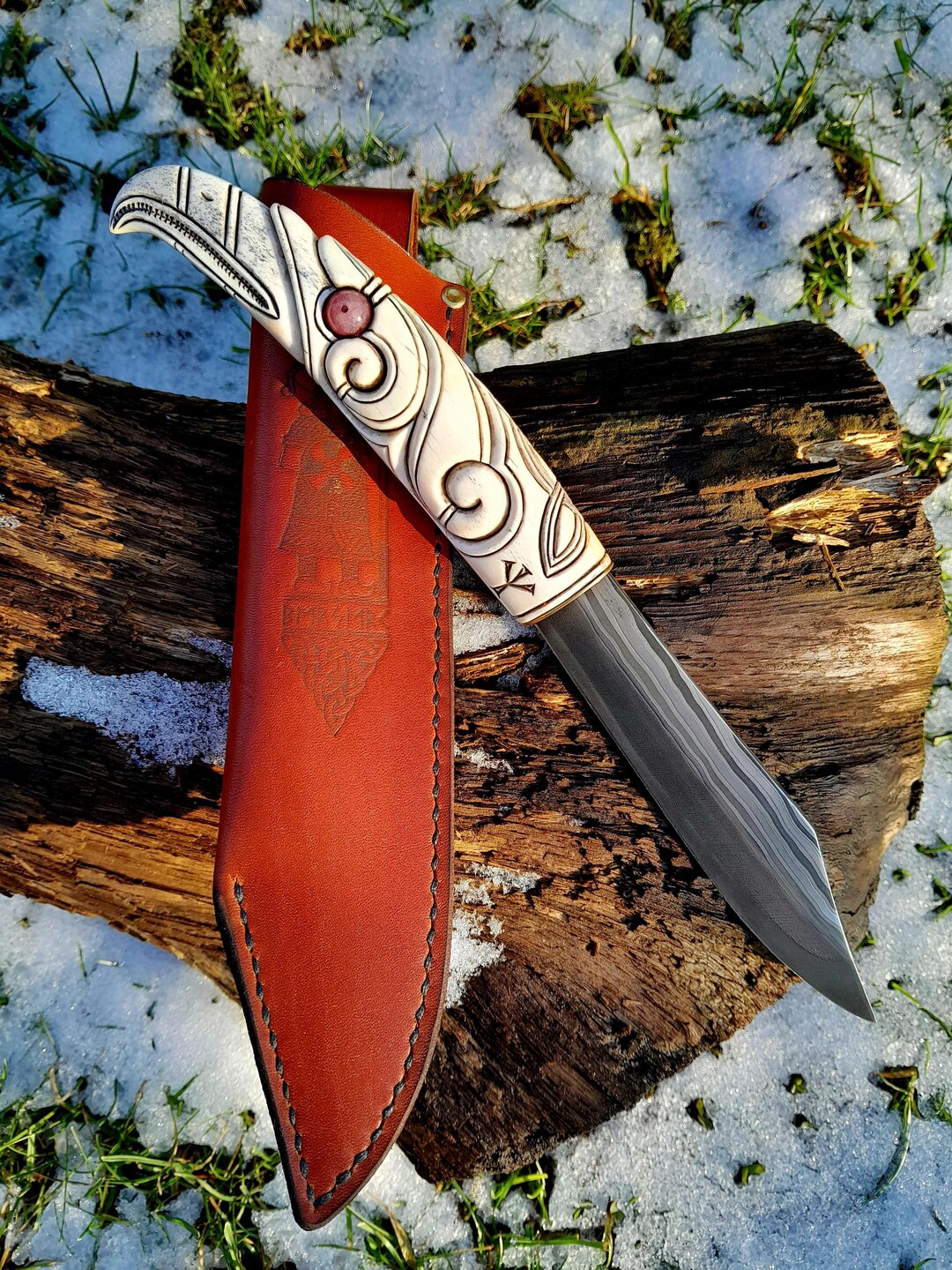 Nordic Viking Seax With Raven Head and Triquetra. Hand-carved Handle ...
