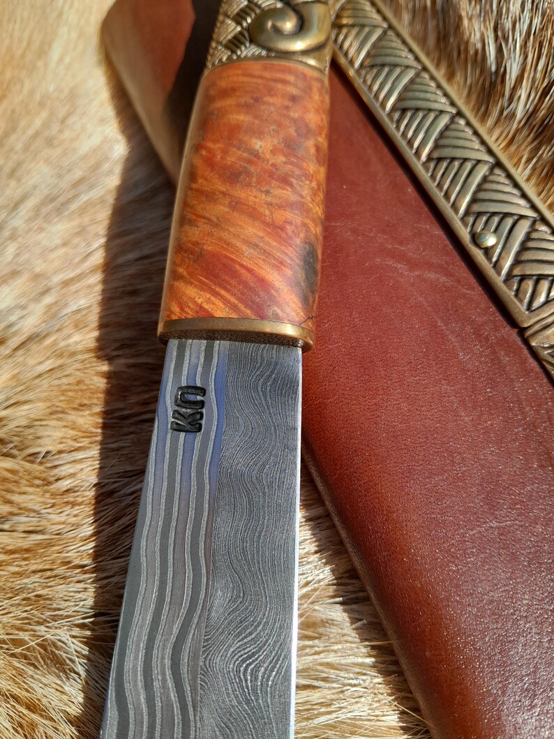 Hand-forged Damascus Steel Viking Seax Knife: Brass Raven Handle ...