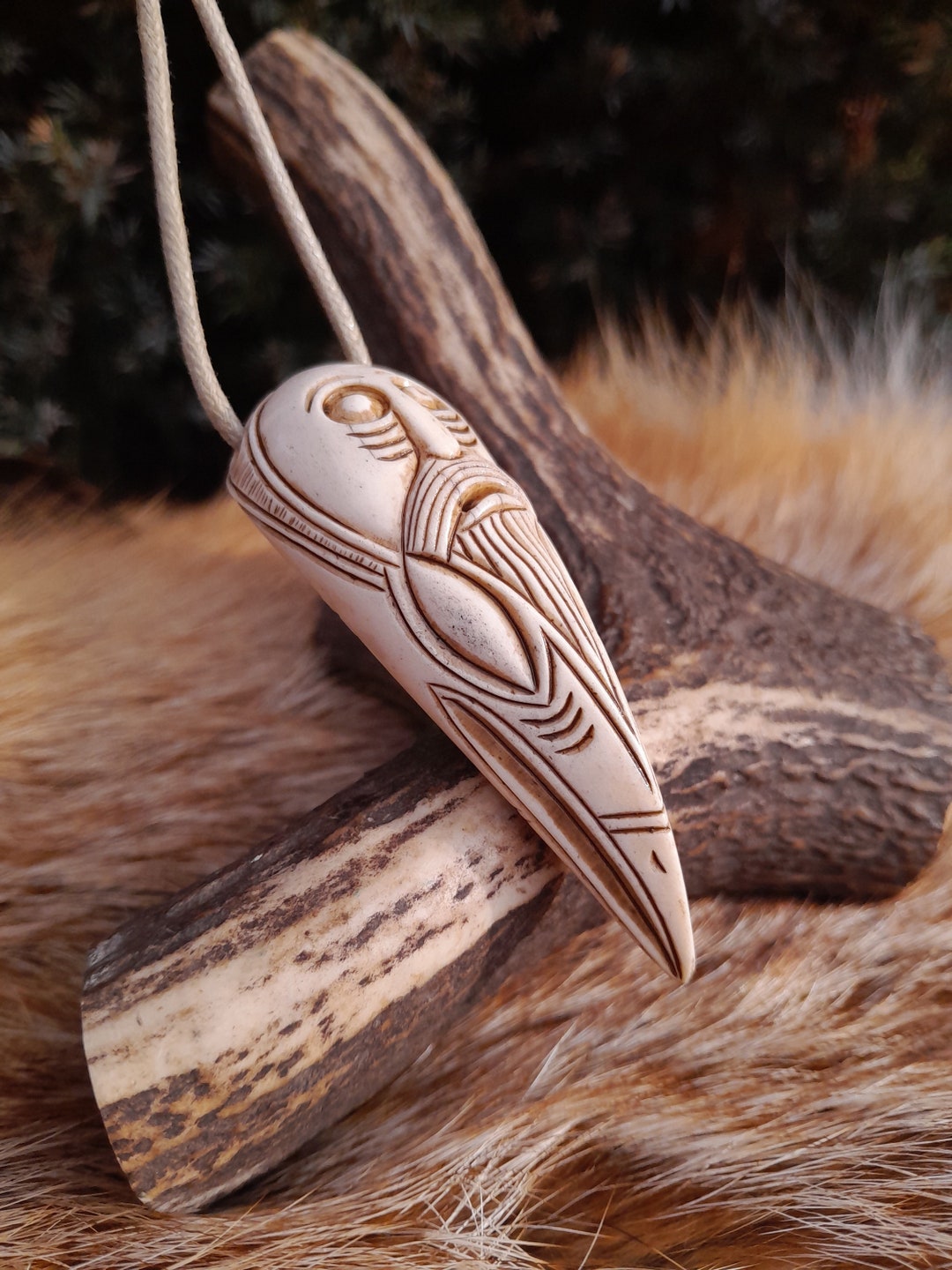 Hand-carved Viking Raven Head Amulet With Helm of Awe and God Odin Face ...