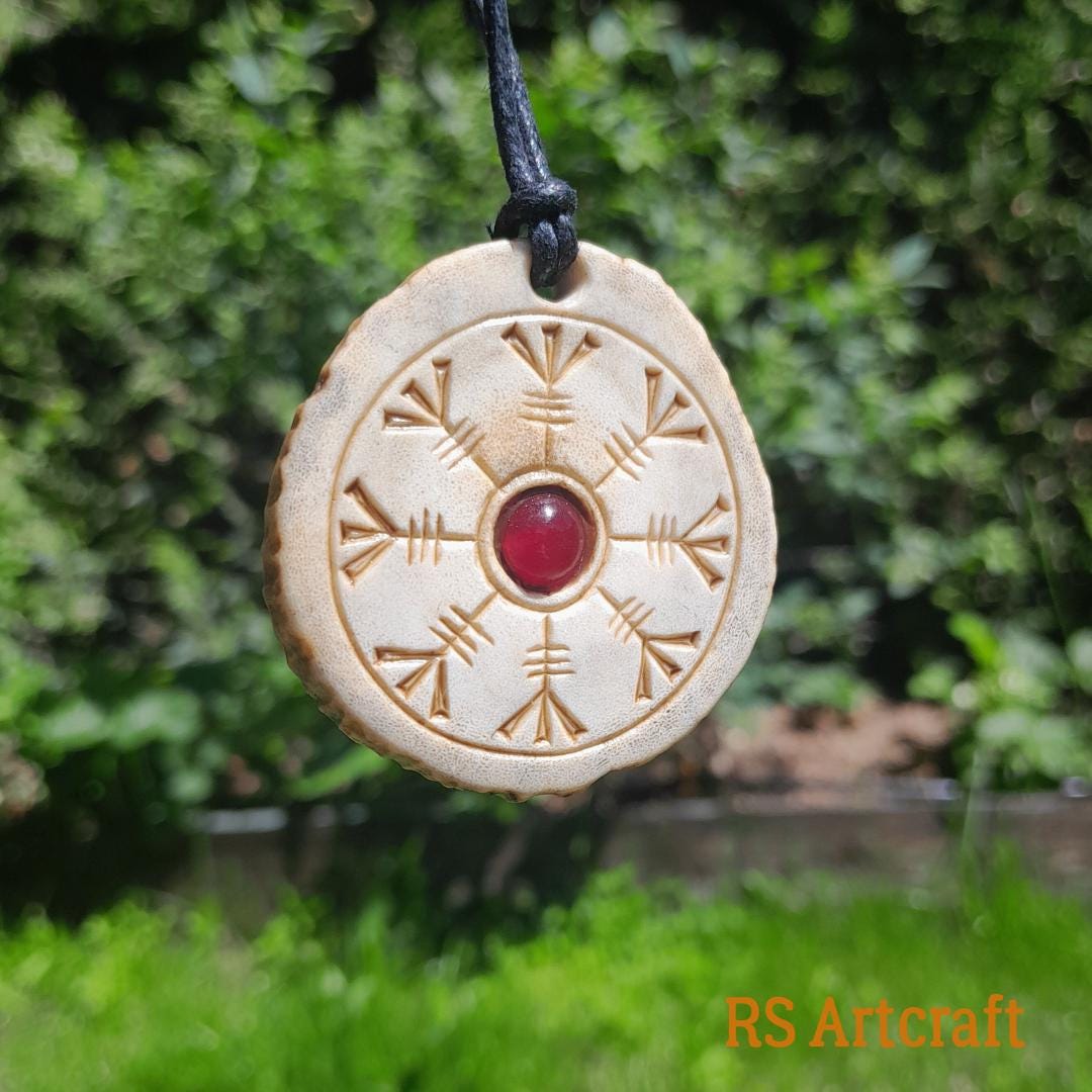 Hand-carved Moose Antler Helm of Awe Pendant: Algiz Rune, Natural Stone ...