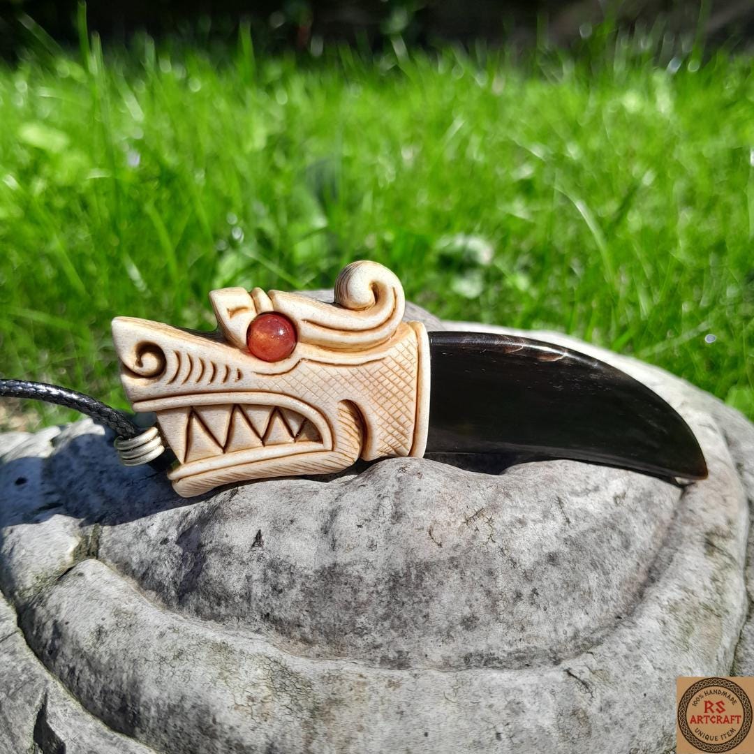 Hand-carved Viking Dragon Amulet With Algiz Rune| Moose Antler ...