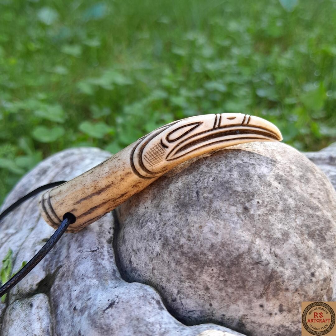 Handcarved Moose Antler Viking Raven Amulet – Algiz Rune, Norse Pagan ...