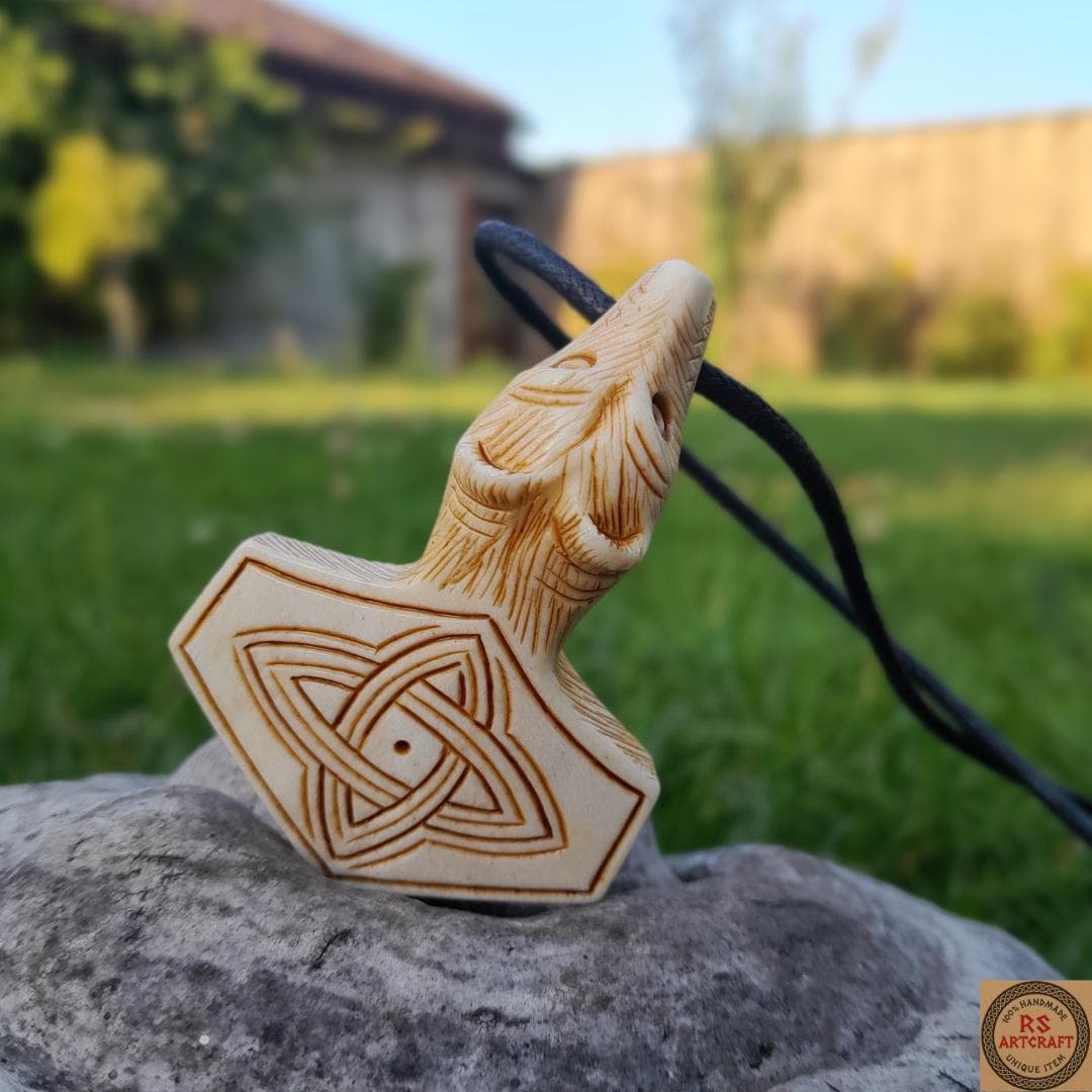 Hand-carved Viking Thor’s Hammer Amulet: Moose Antler Bear Head Pendant ...