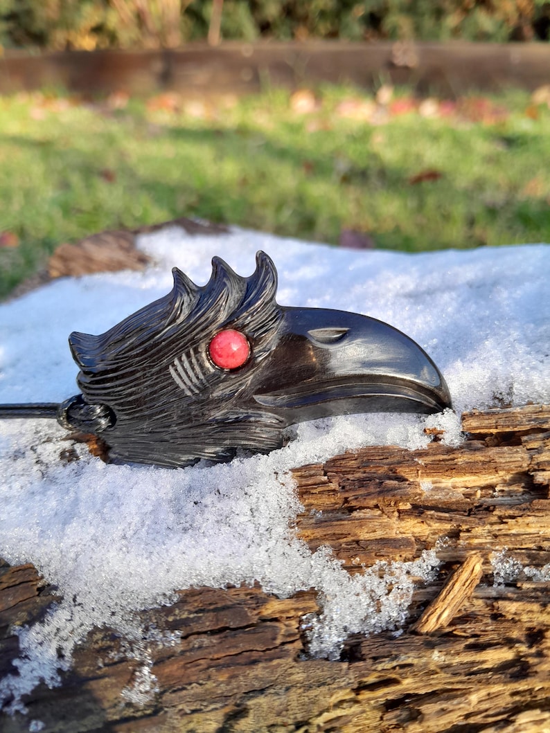 Algiz Rune Raven Pendant, Red Eye Buffalo Horn Necklace, Viking Norse ...