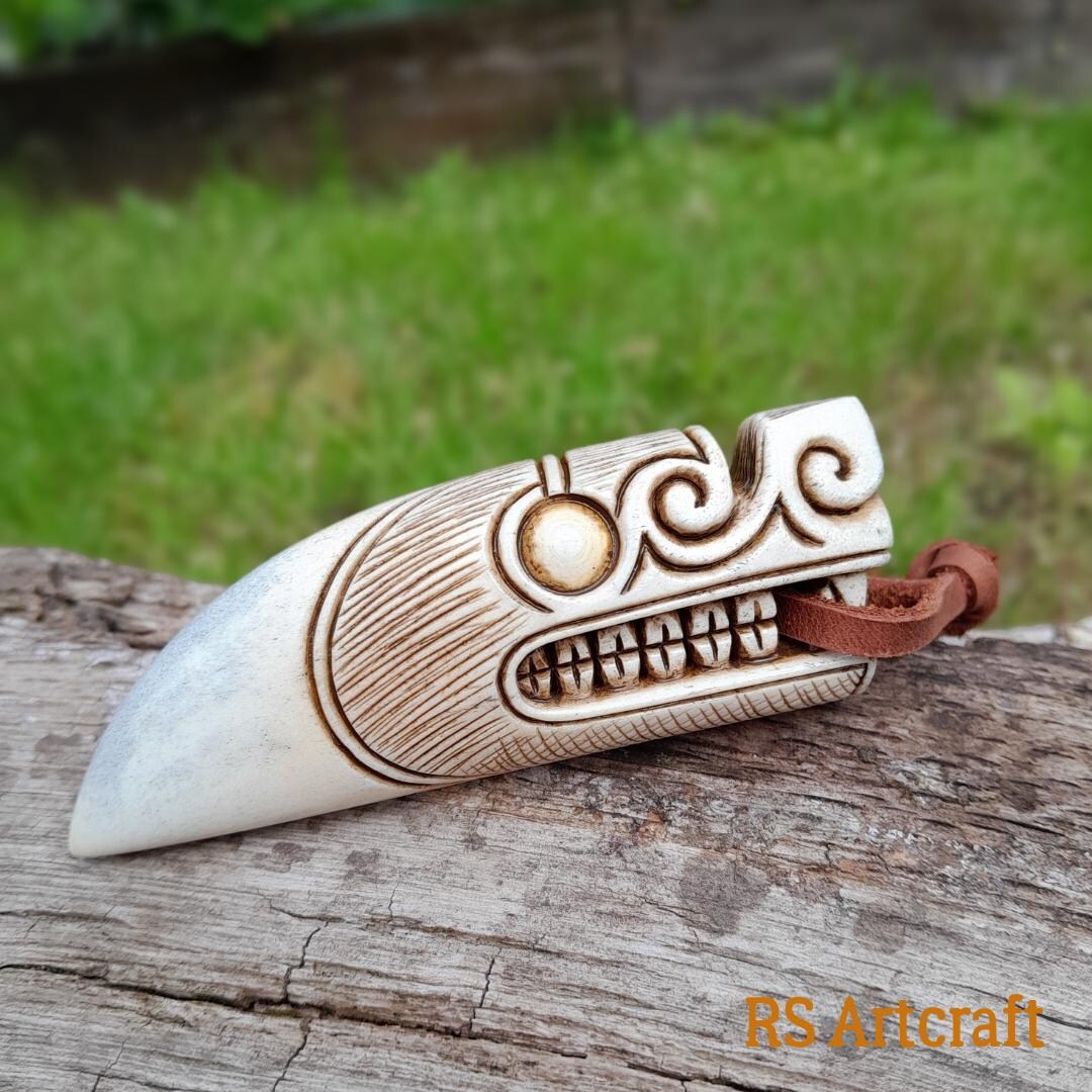 Viking Dragon Head Amulet. Hand-carved Moose Antler Pendant With Algiz ...