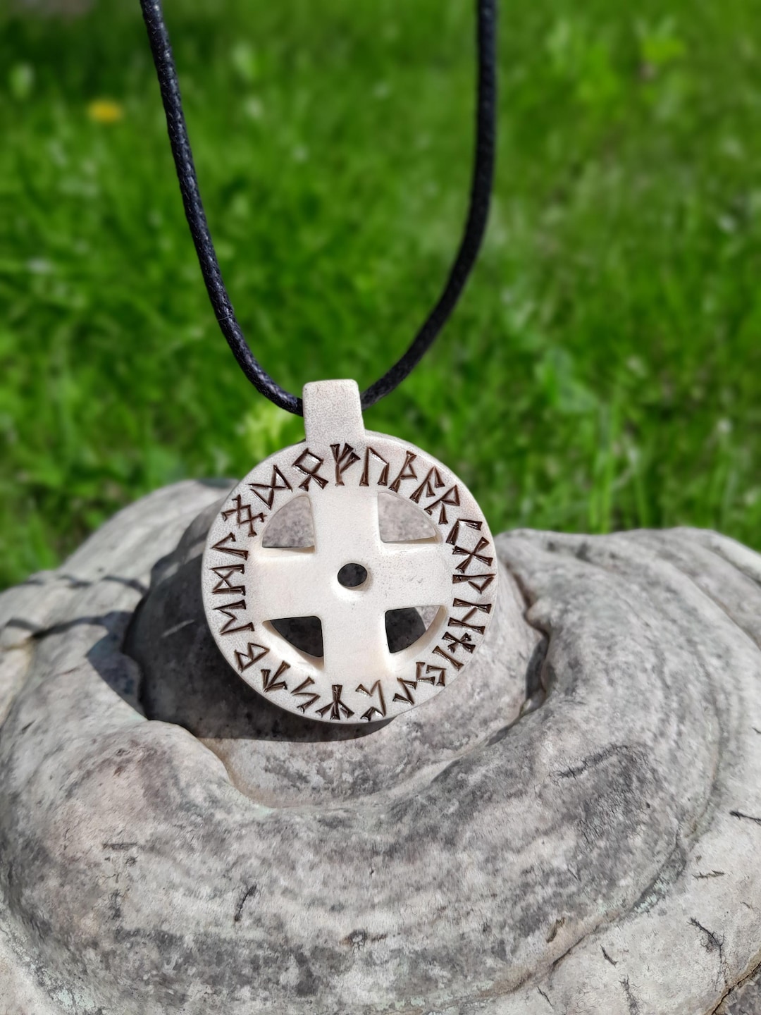Hand-carved Norse, Viking Solar Cross Pendant With Elder Futhark Ring ...