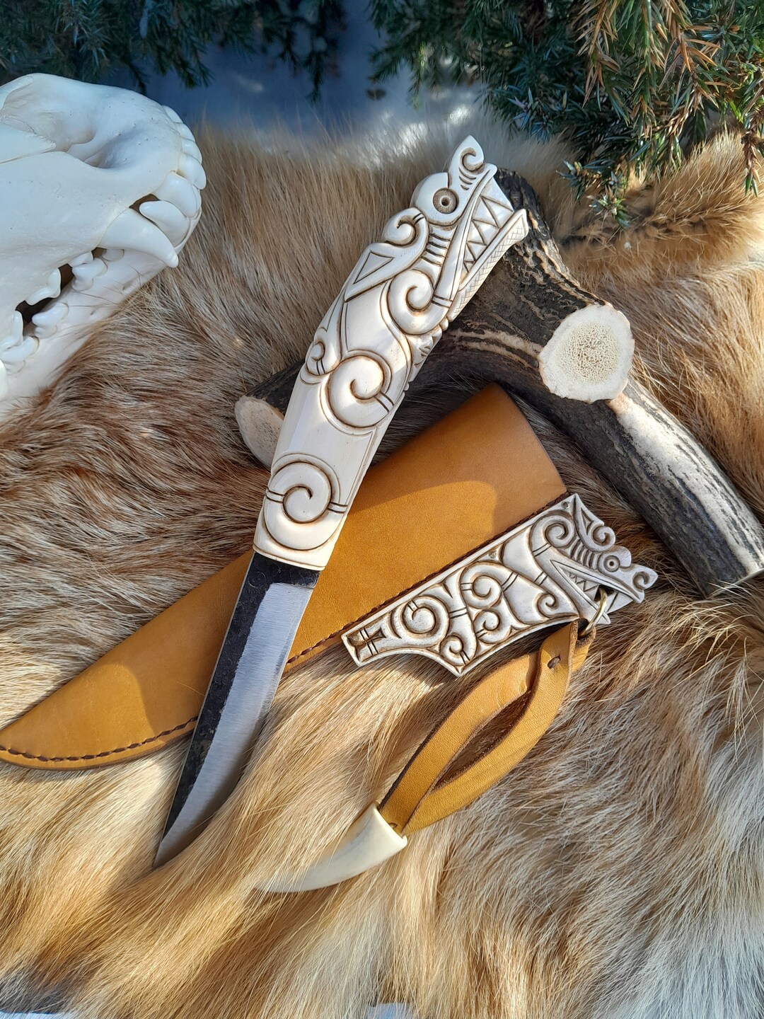 Unique Vikings Knife Seax With Leather Sheath. Hand-carved Wolf Handle ...