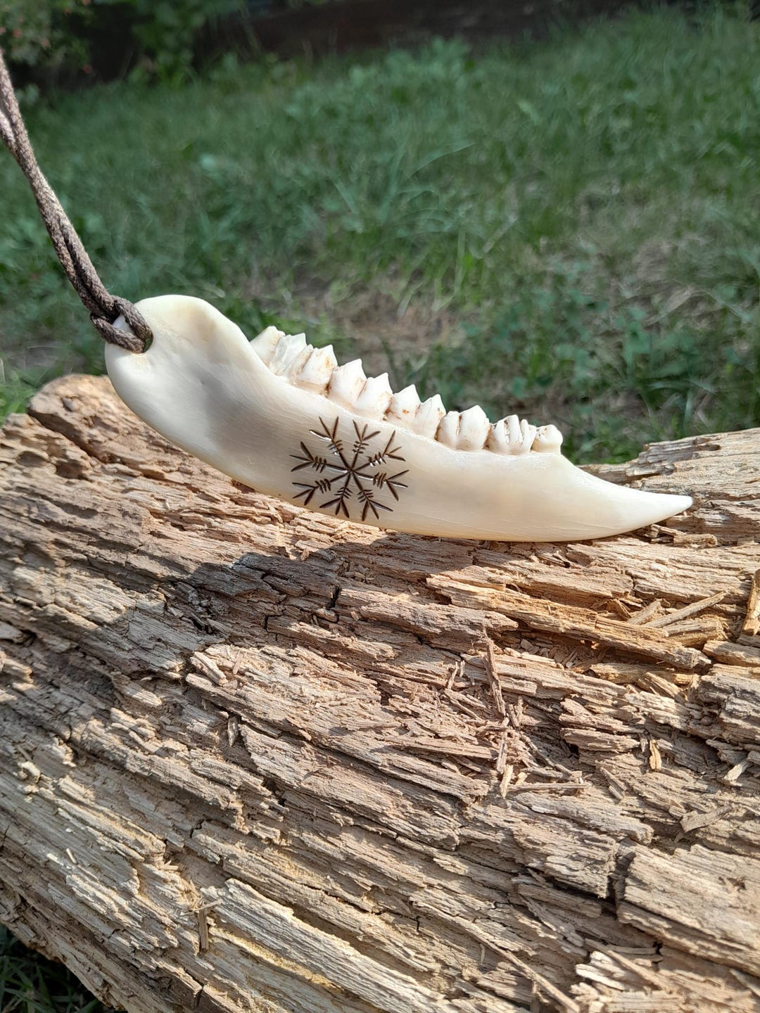 Jaw Necklace With Algiz Rune and Helm of Awe, Jaw Bone Shamanic Ritual ...