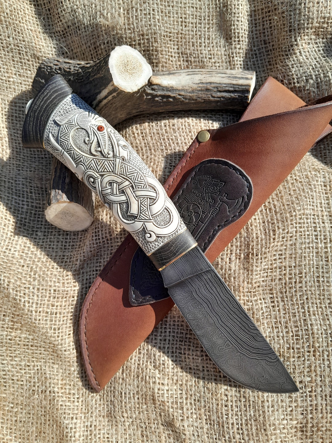 Premium Viking Knife With Leather Sheath and Hand-carved Knot Work ...