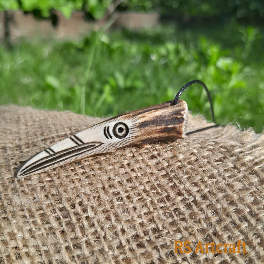 Viking Raven Amulet Hand-carved From Moose Antler With Algiz Rune ...