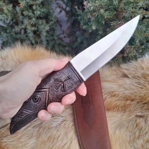 Viking Motifs Knife With Raven Head and Algiz Rune. Odin's Ravens ...