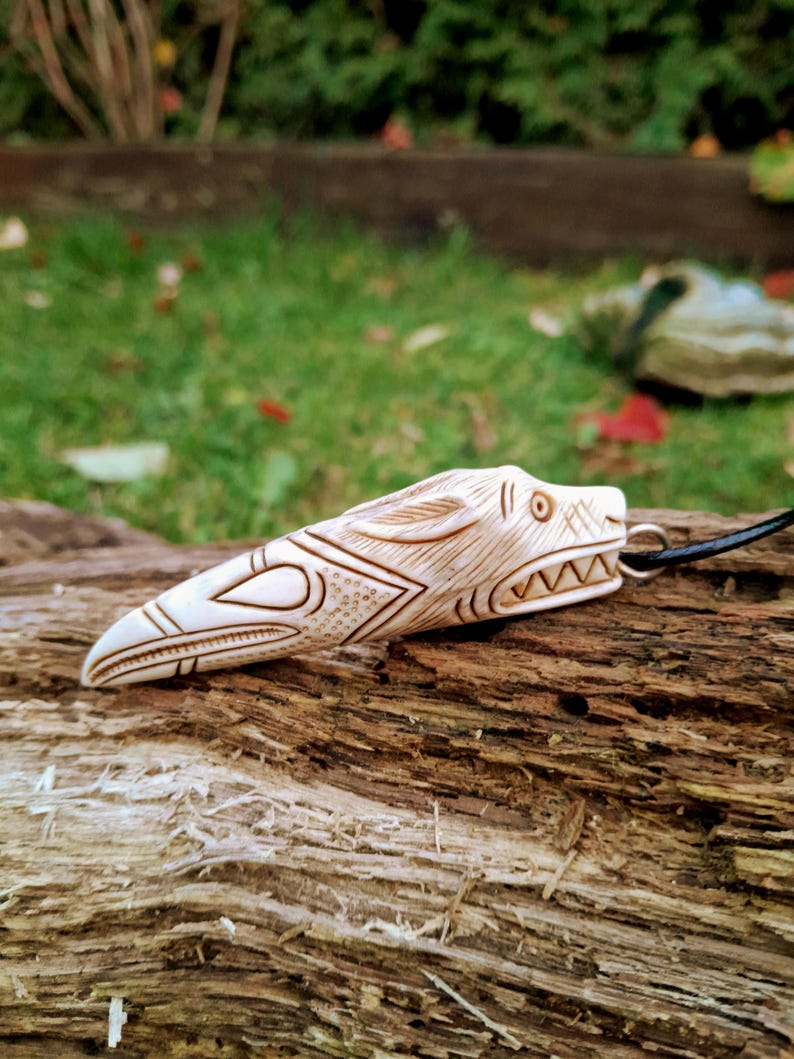 Hand-carved Moose Antler Raven & Wolf Pendant | Norse Double-sided ...
