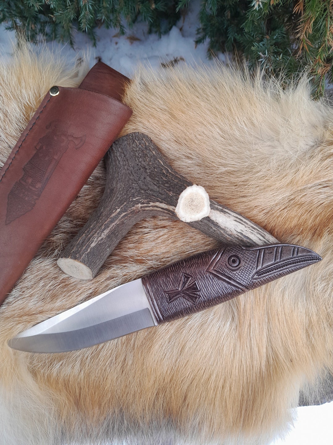 Viking Motifs Knife With Raven Head and Algiz Rune. Odin's Ravens ...