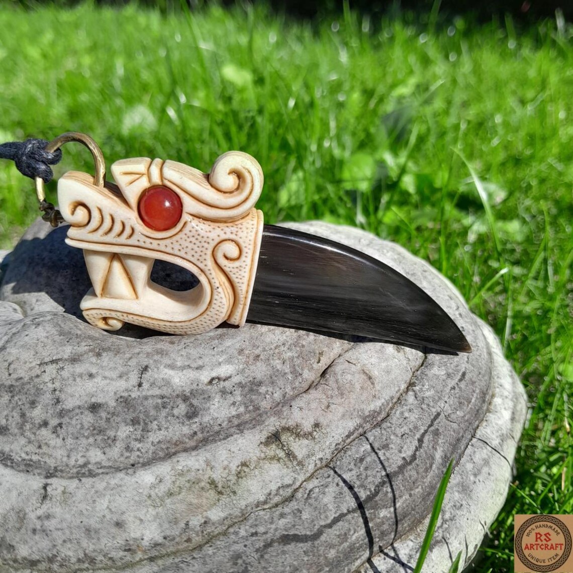 Viking Dragon Amulet, Hand-carved Moose Antler & Buffalo Horn Pendant ...