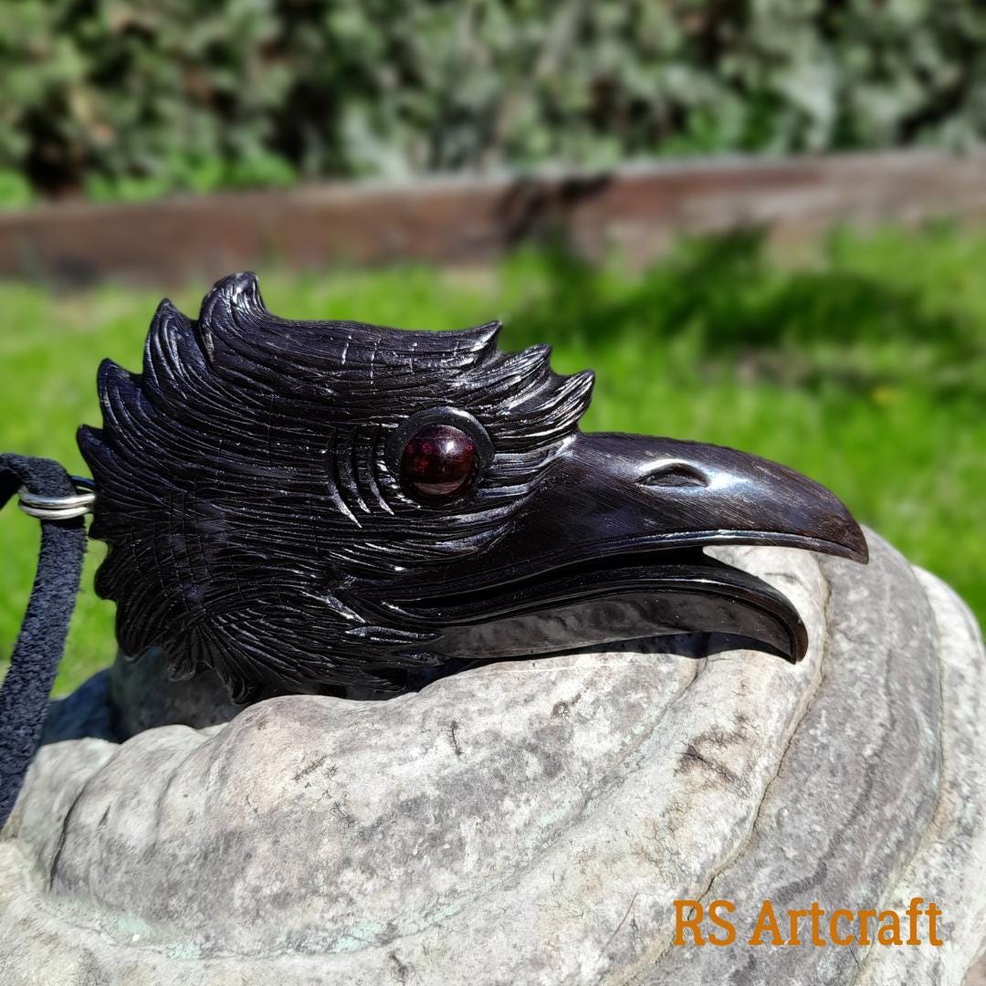 Viking Raven Amulet: Hand-carved Buffalo Horn Odin Pendant With Garnet ...