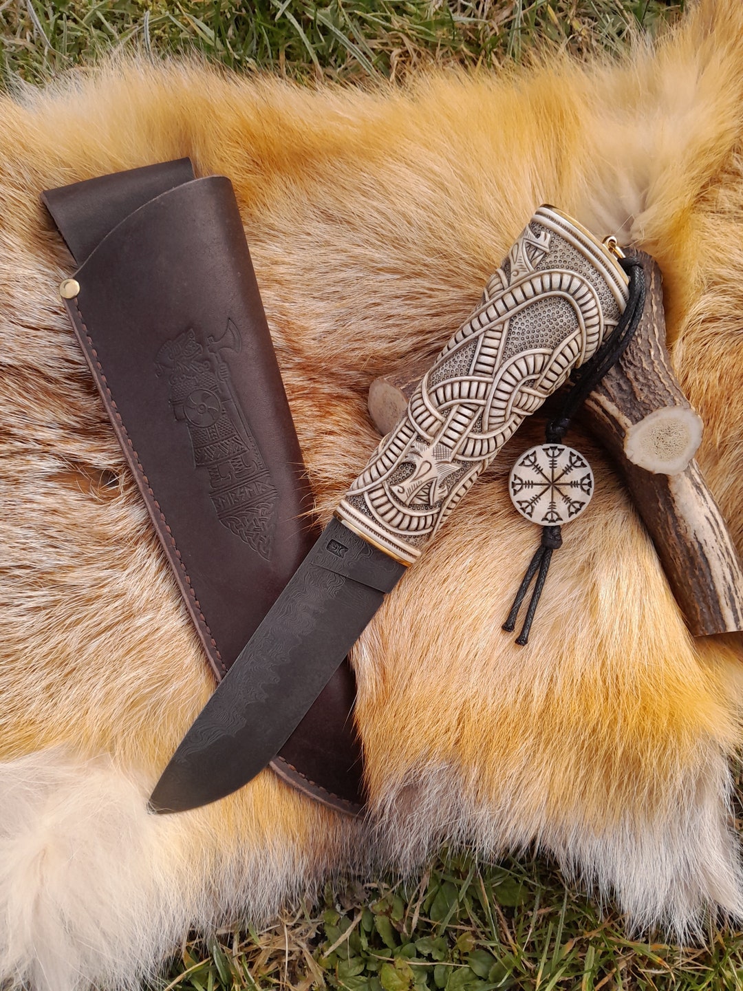 Premium Viking Knife With Leather Sheath and Hand-carved Knot Work ...