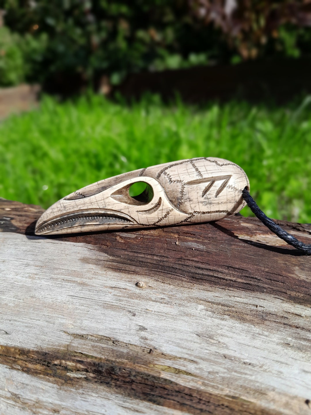 Hand-carved Raven Skull Amulet Viking Jewelry With Runes - Etsy