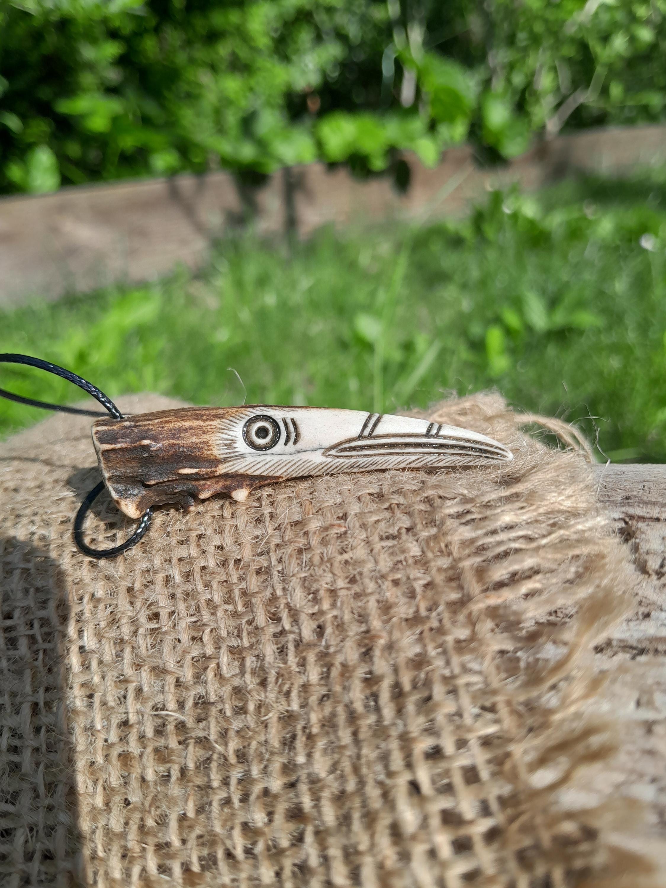 Viking Raven Amulet Hand-carved From Moose Antler With Algiz Rune ...
