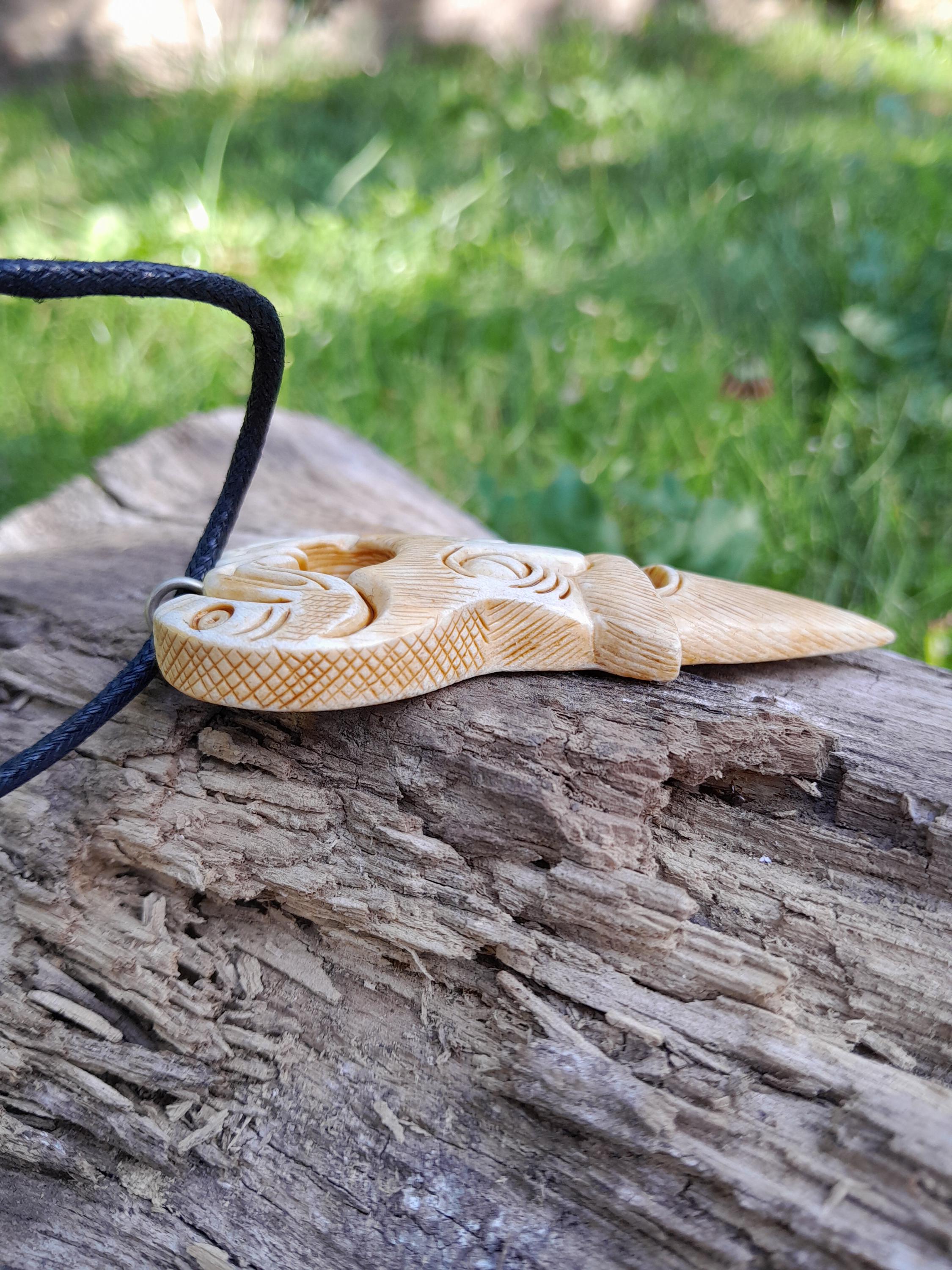 Hand-carved Odin Amulet: Moose Antler Pendant With Ravens & Ansuz Rune ...