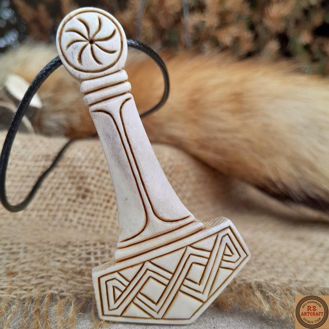 Viking Thor’s Hammer Necklace, Hand Carved Moose Antler Mjolnir With ...