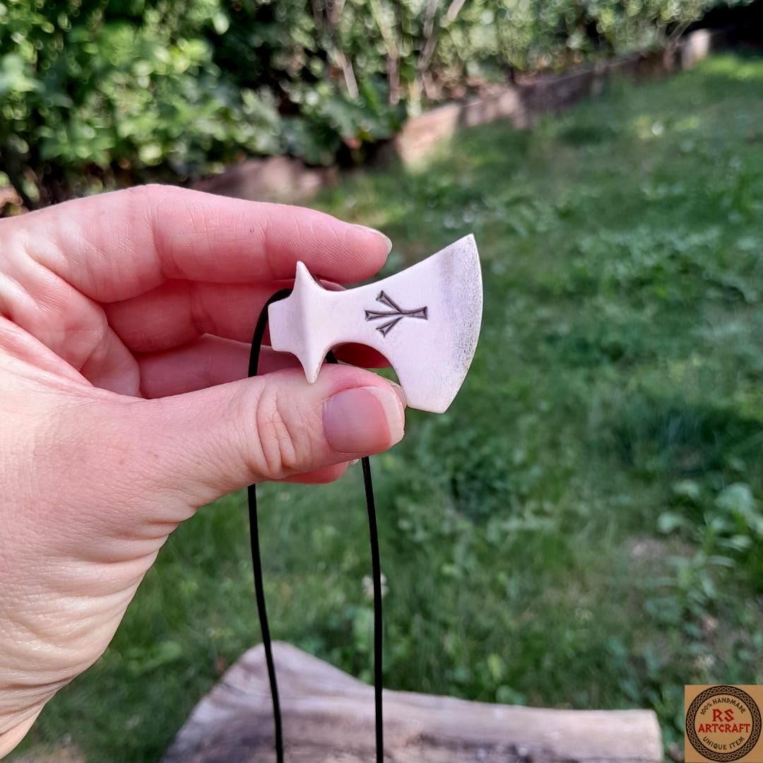 Hand-carved Moose Antler Axe of Perun Pendant With Algiz & Tiwaz Runes ...